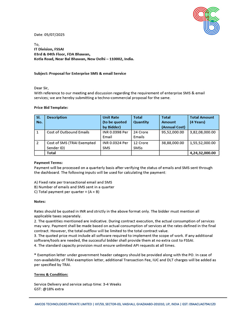 SMS Gateway Proposal FSSAI - Amcos | PDF | Government Finances | Taxes