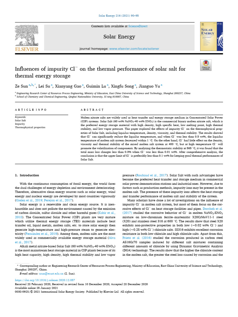 Effects of Cl− on Solar Salt Performance | PDF | Solar Energy | Salt ...