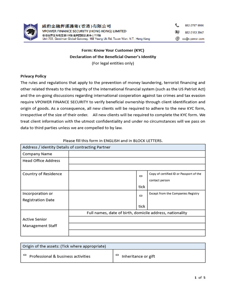 KYC Declaration for Beneficial Owners | PDF | Identity Document ...