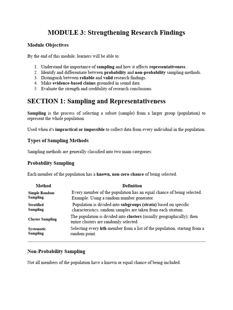 MODULE 3 - Strengthening Research Findings | PDF | Sampling (Statistics) | Validity (Statistics)