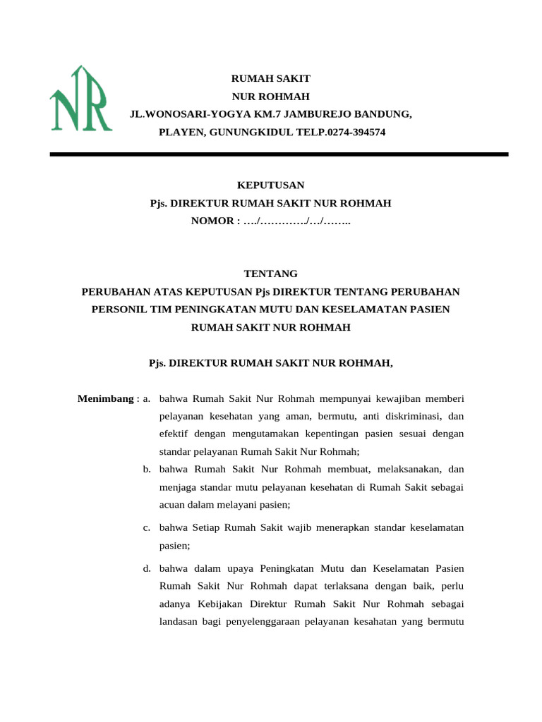 Kebijakan Keselamatan Pasien RS Nur Rohmah | PDF