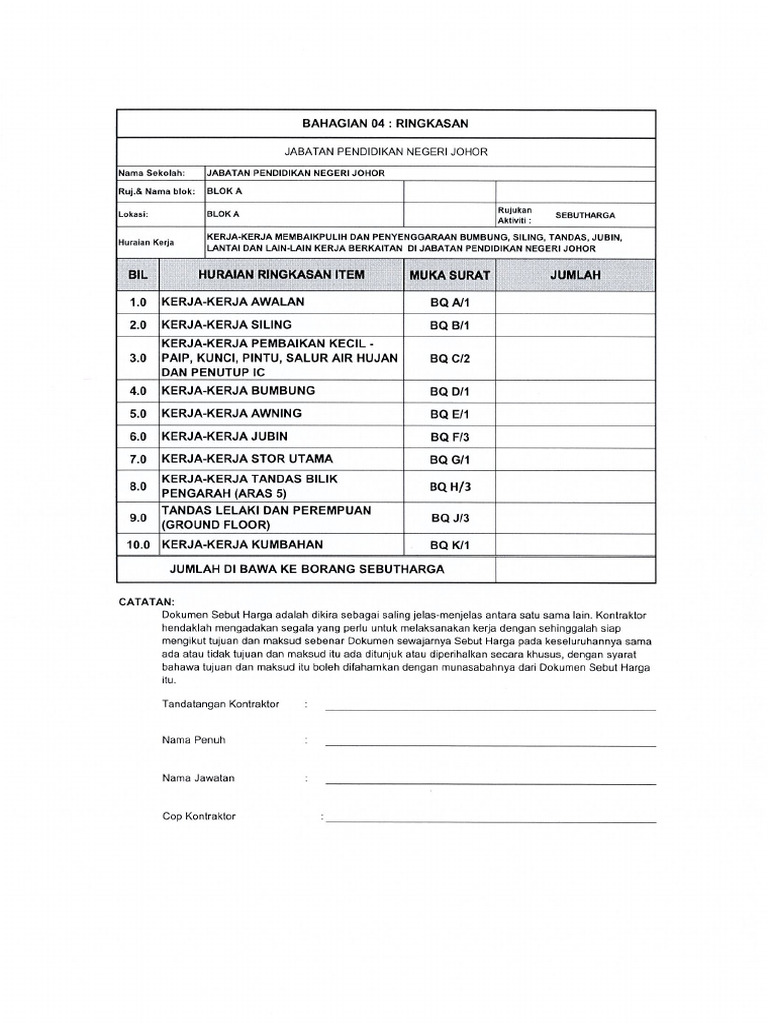 Contoh BQ Baiki Bumbung Siling DLL | PDF