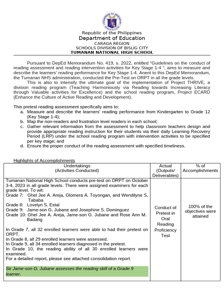 Tumanan NHS Pre-Test Reading Assessment | PDF | Learning Methods ...