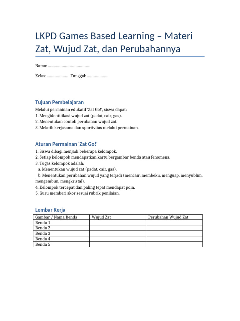 LKPD Games Based Learning Zat Wujud Dengan Penilaian | PDF