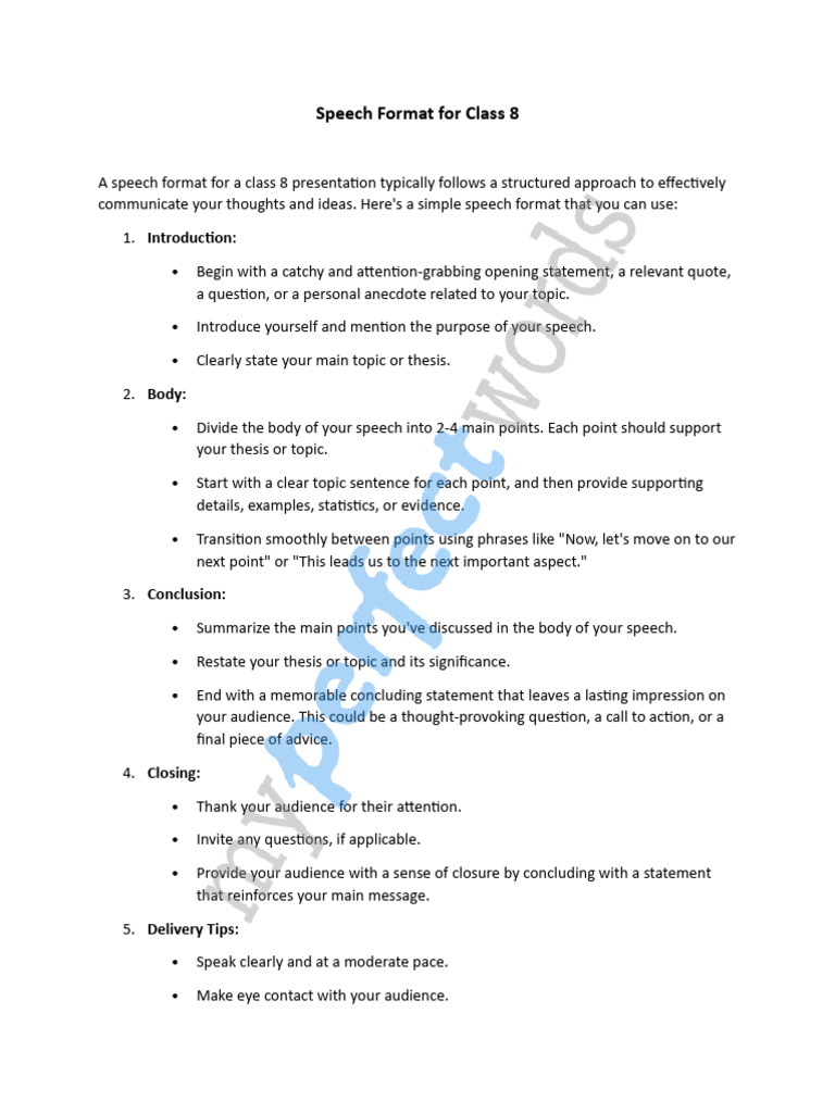 Speech Format For Class 8 PDF | PDF | Speech | Body Language