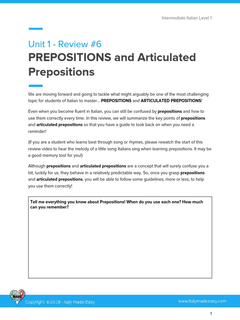 Prepositions and Articulated Prepositions Italy Made Easy The Best Way ...