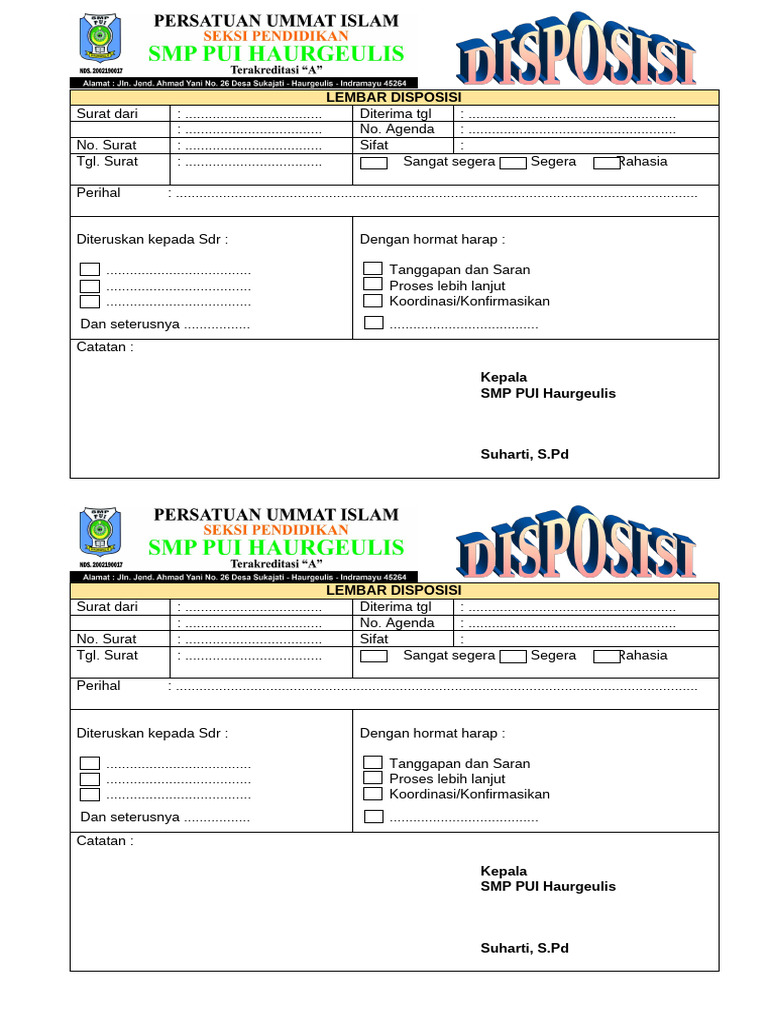 Contoh Lembar Disposisi Surat | PDF