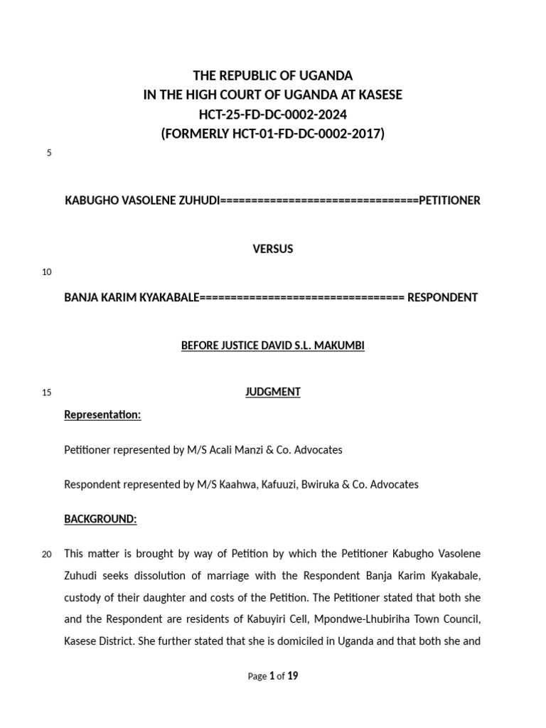 Uganda High Court Marriage Dissolution Case | PDF | Marriage | Burden ...