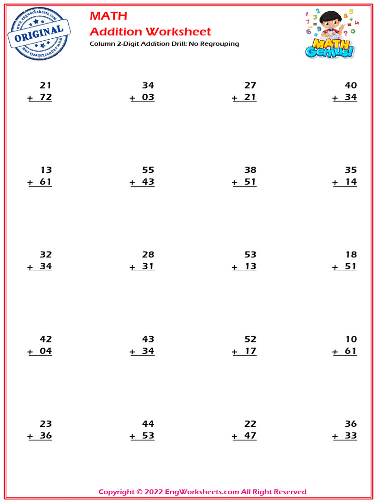 Column 2 Digit Addition Drill No Regrouping 8238 | PDF