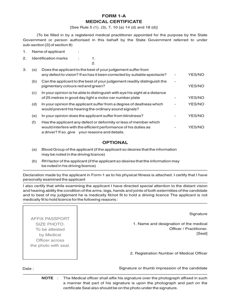 Medical Certificate Form 1A for Driving License | PDF | Driver's License