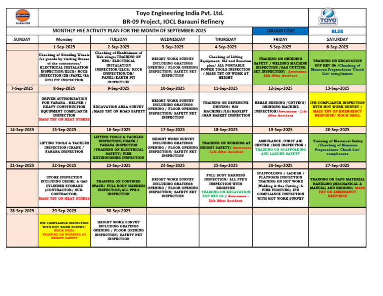 September 2025 HSE Activity Plan | PDF | Crane (Machine) | Industrial ...