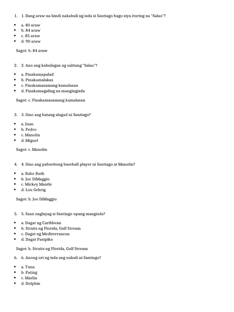 Quiz The Old Man and The Sea | PDF