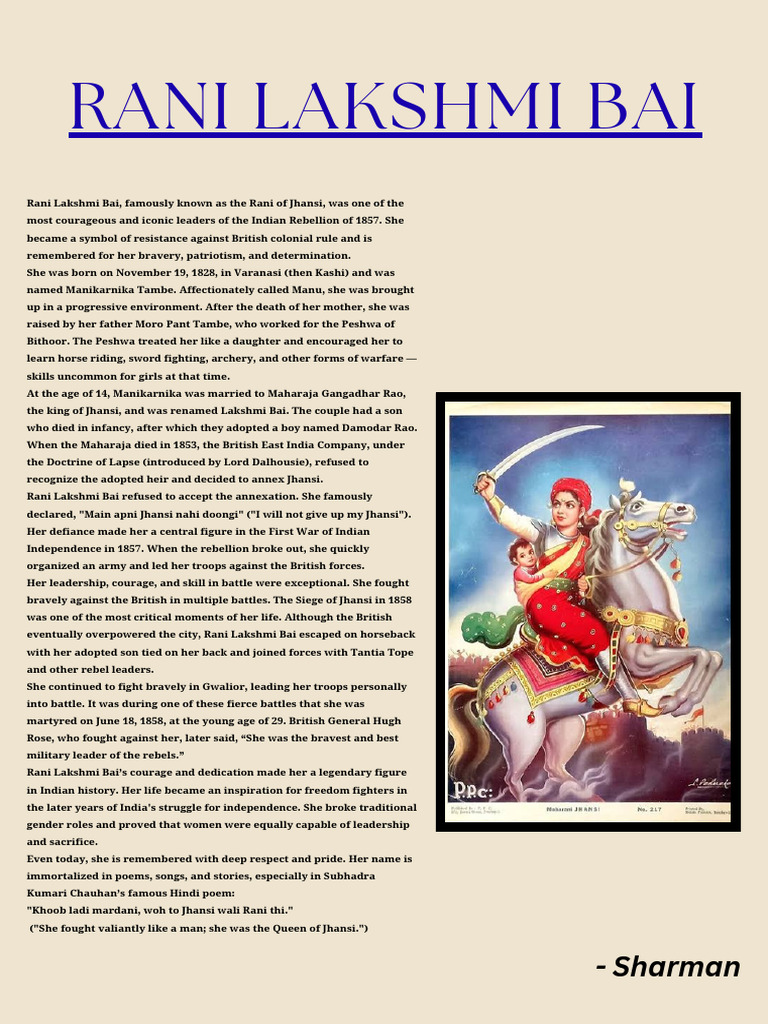 Biography of Rani Lakshmi Bai by Sharman Kumar | PDF