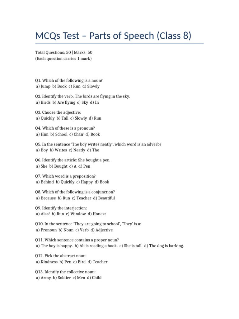 Parts of Speech Test Class8 | PDF | Adverb | Part Of Speech