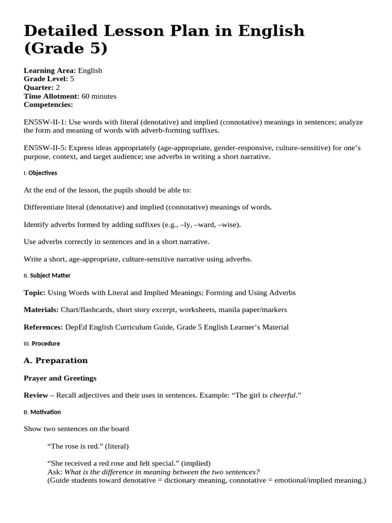 Detailed Lesson Plan in English | PDF | Facial Expression | Nonverbal ...