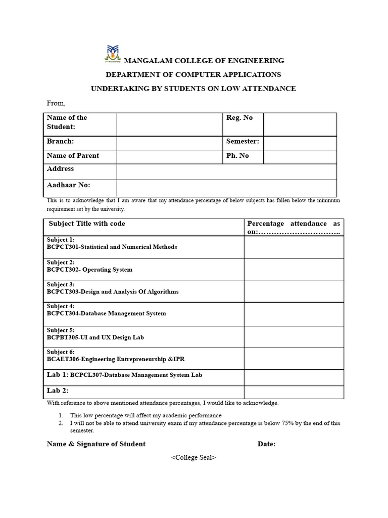 Student Attendance Acknowledgment Form | PDF