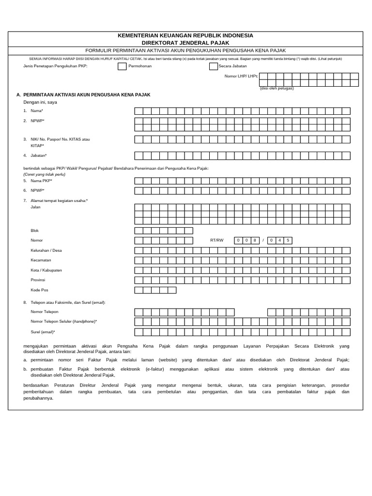 Contoh Formulir Aktivasi Akun PKP | PDF