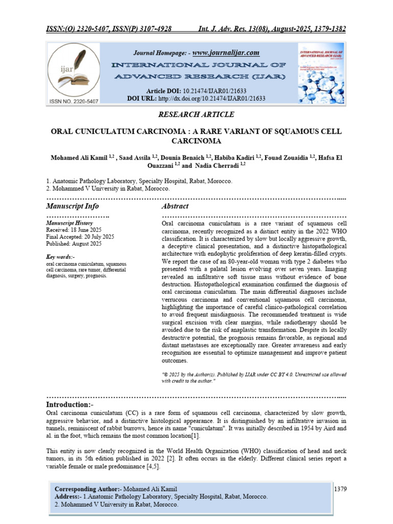 Oral Cuniculatum Carcinoma: A Rare Variant of Squamous Cell Carcinoma ...