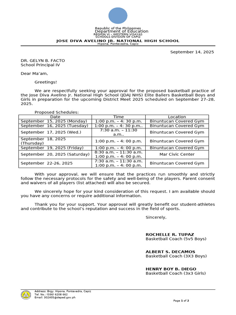 Basketball Practice Approval Letter Updated As of September 14 2025 ...