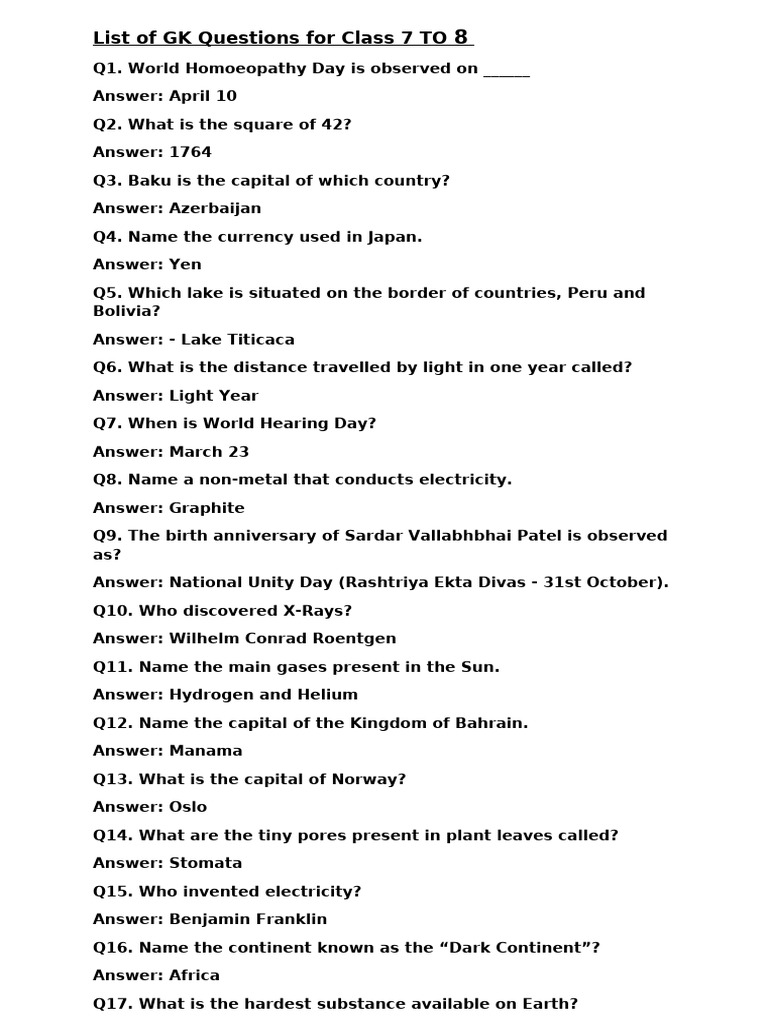 List of GK Questions For Class 7 TO 8 | PDF