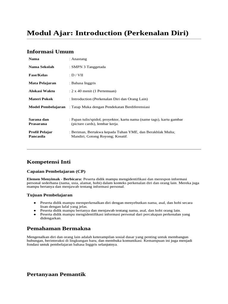 Modul Ajar Kurikulum Merdeka - Introduction (Perkenalan Diri) | PDF