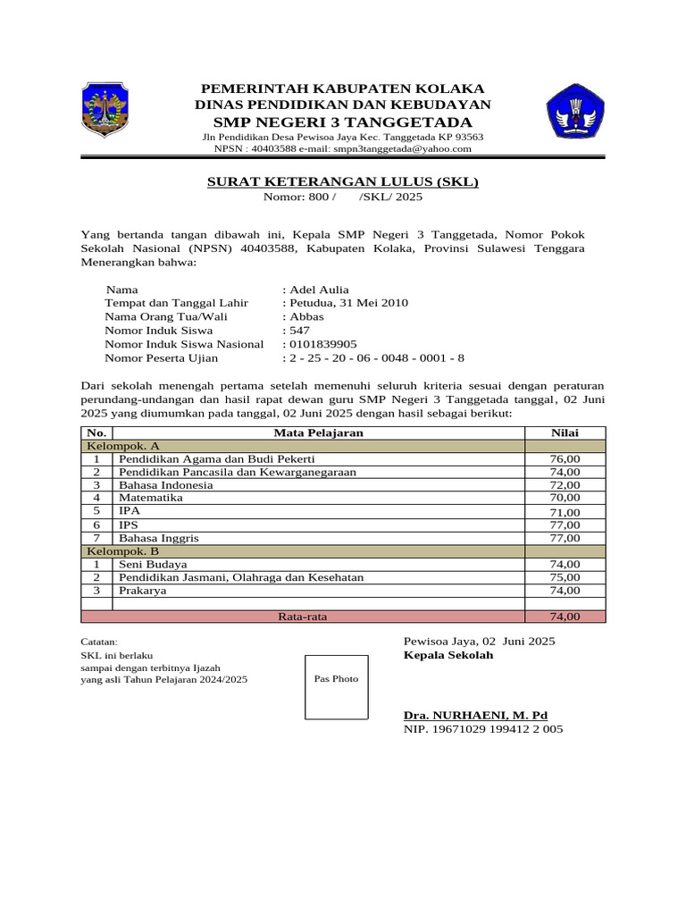Surat Keterangan Lulus SMP Kolaka | PDF