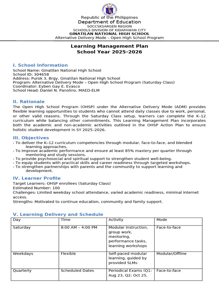 ADM Learning Management Plan SY2025-2026 | PDF | Learning | Cognition