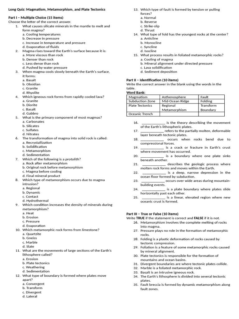Quiz on Magmatism and Plate Tectonics | PDF | Rock (Geology) | Magma