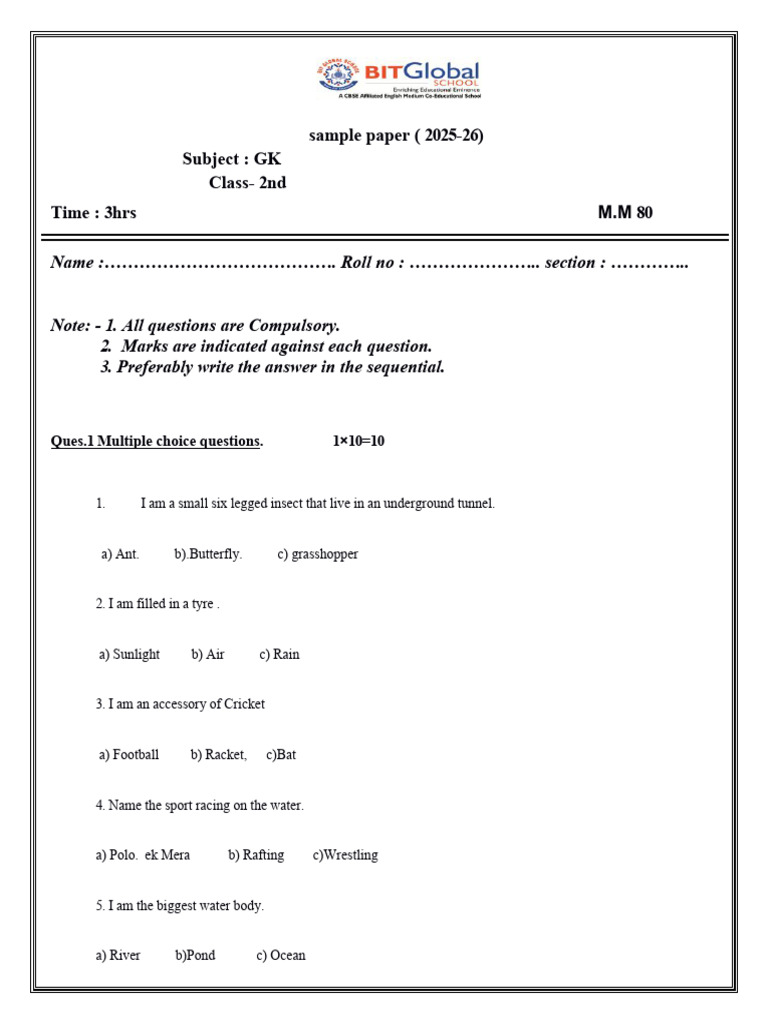 GK Sample Paper for Class 2 (2025-26) | PDF