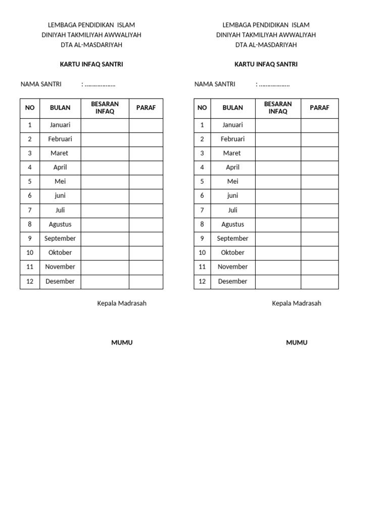 KARTU INFAQ DTA | PDF