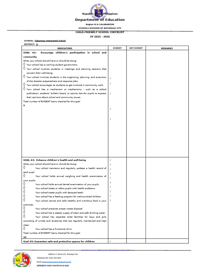 Child-Friendly School Checklist Sy 2024-2025 | PDF | Teachers | Literacy