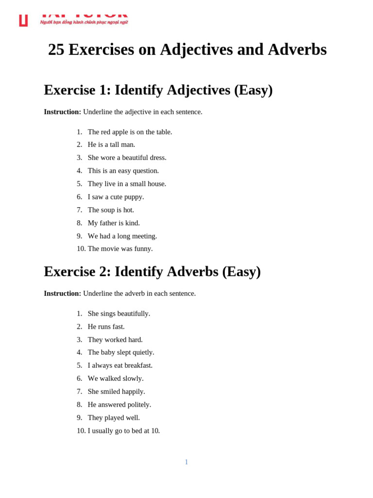 25 Exercises on Adjectives and Adverbs | PDF | Adverb | Adjective