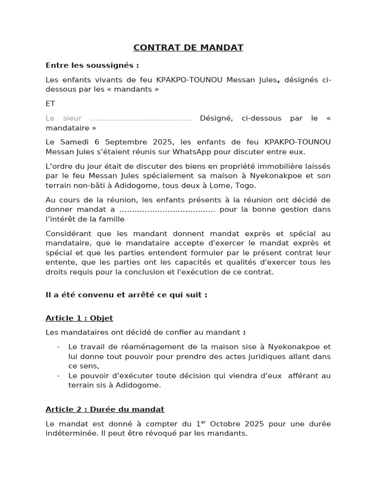 Contrat de Mandat Immobilier Familial | PDF