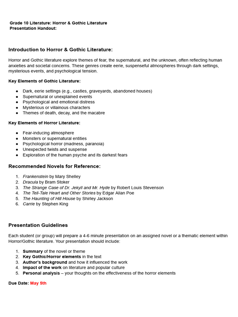 Grade 10 Horror & Gothic Literature Guide | PDF | Horror Fiction ...