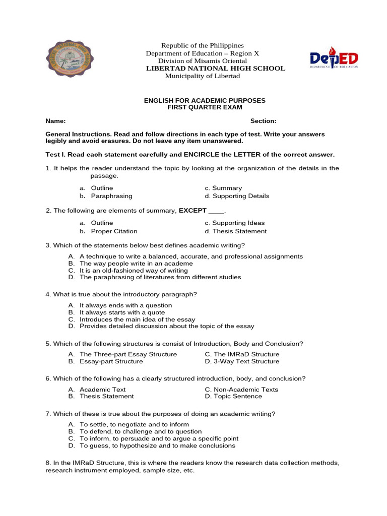 Eapp 1st Quarter Exam 25-26 | PDF | Essays
