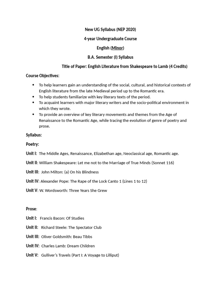 English Minor Subject | PDF | Poetry | William Shakespeare