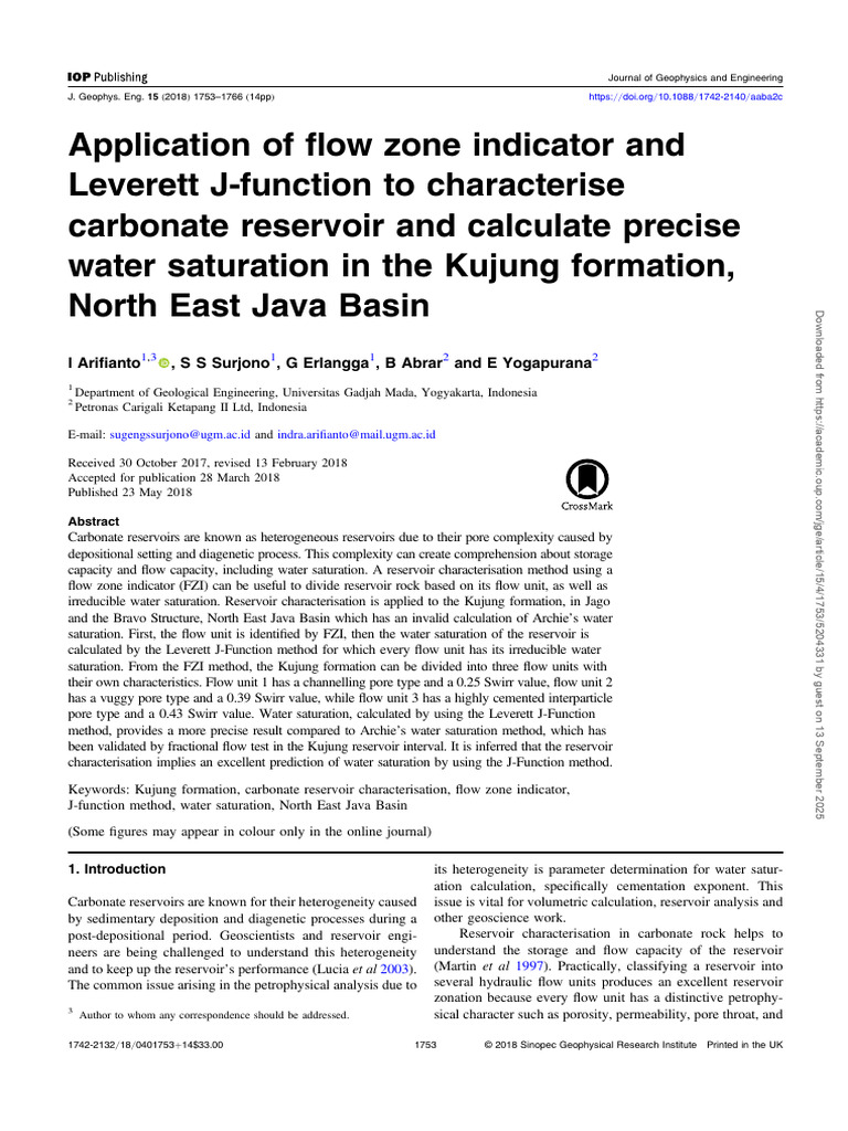 2018 Water Saturation, Calculated by Using The Leverett J-Function ...