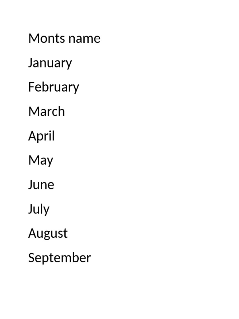 Monts Name January February March April May June July August September ...