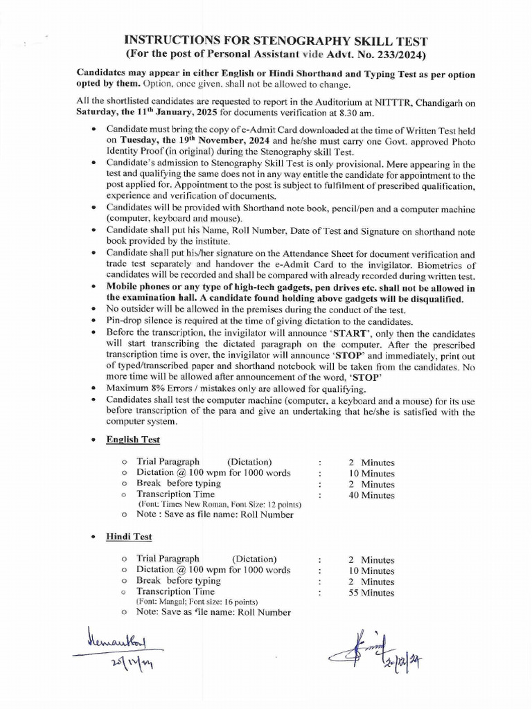 Instructions For Stenography Skill Test PA | PDF