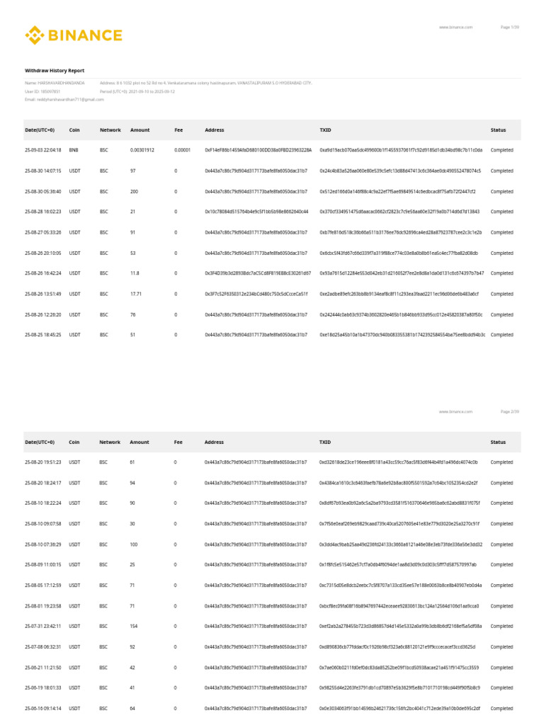 Binance Withdraw History Report 2025-09-11 | PDF
