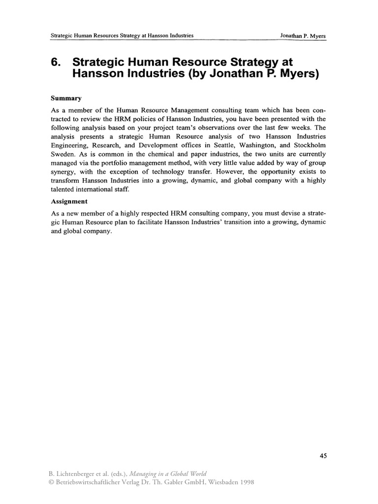 Strategic Human Resource Strategy at Hansson Industries (By Jonathan P ...