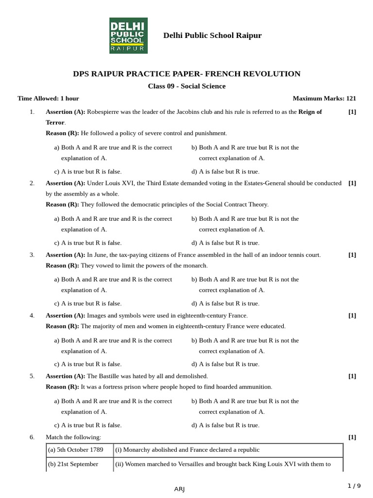 French Revolution Practice Paper for Class 9 | PDF | Political Science