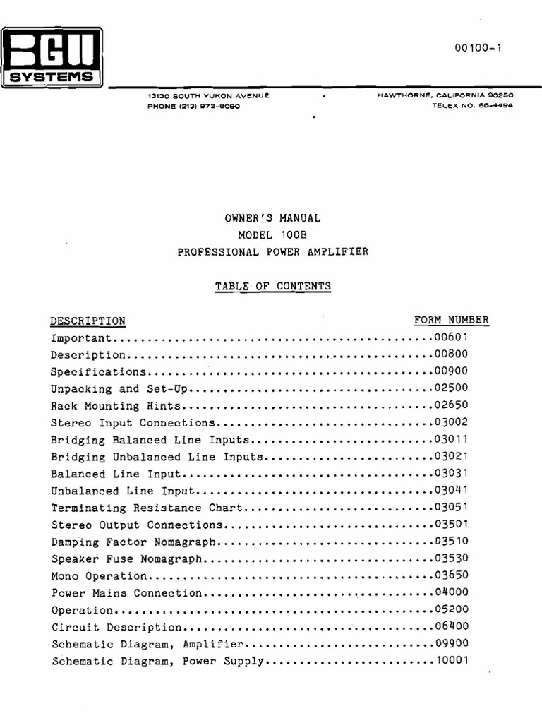 BGW 100B Power Amplifier Manual | PDF | Electrical Connector ...