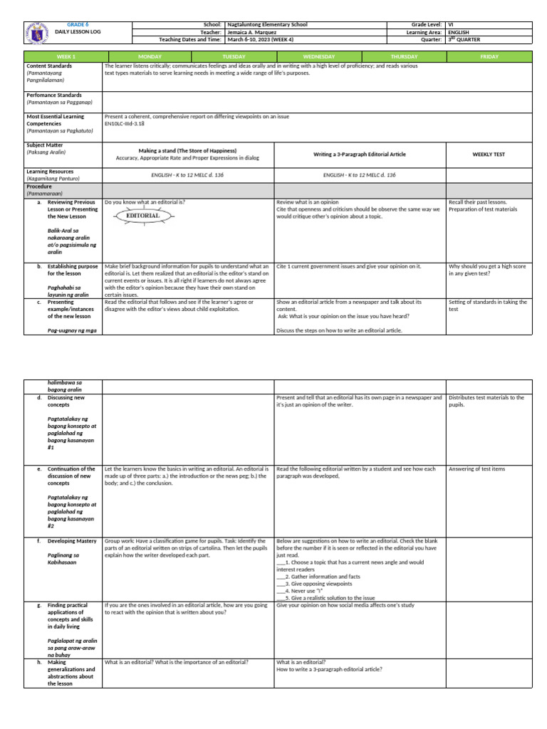 Grade 6 English Lesson Plan: Editorial Writing | PDF | Learning ...