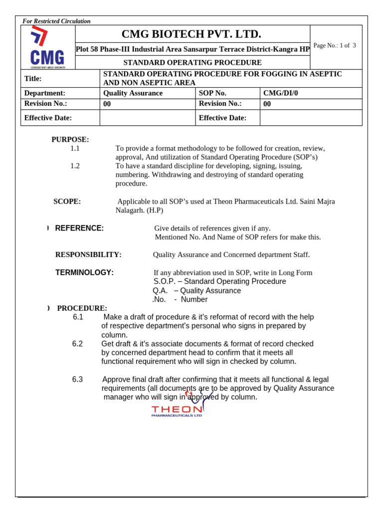 SOP FOR FOGGING IN ASEPTIC AND NO ASEPTIC AREA | PDF | Quality ...