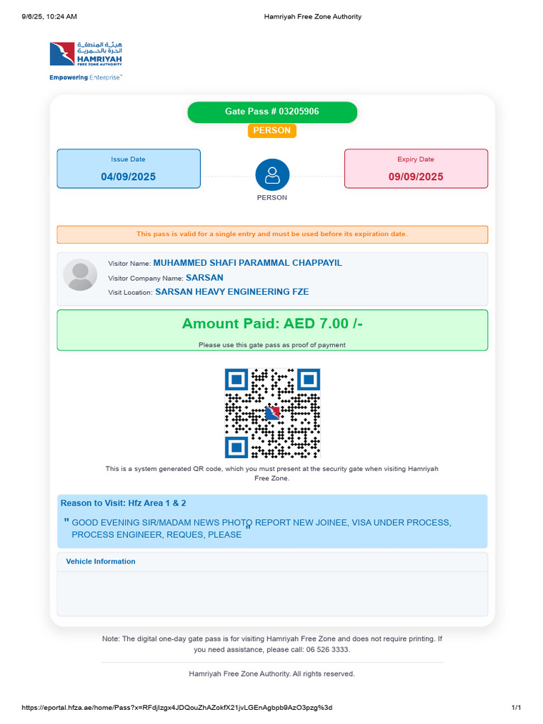 Hamriyah Free Zone Digital Gate Pass | PDF