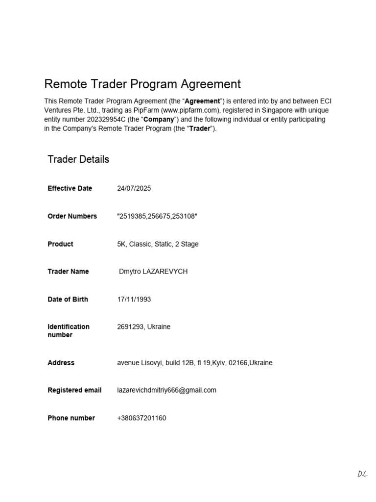 Remote Trader Program Agreement | PDF | Private Law