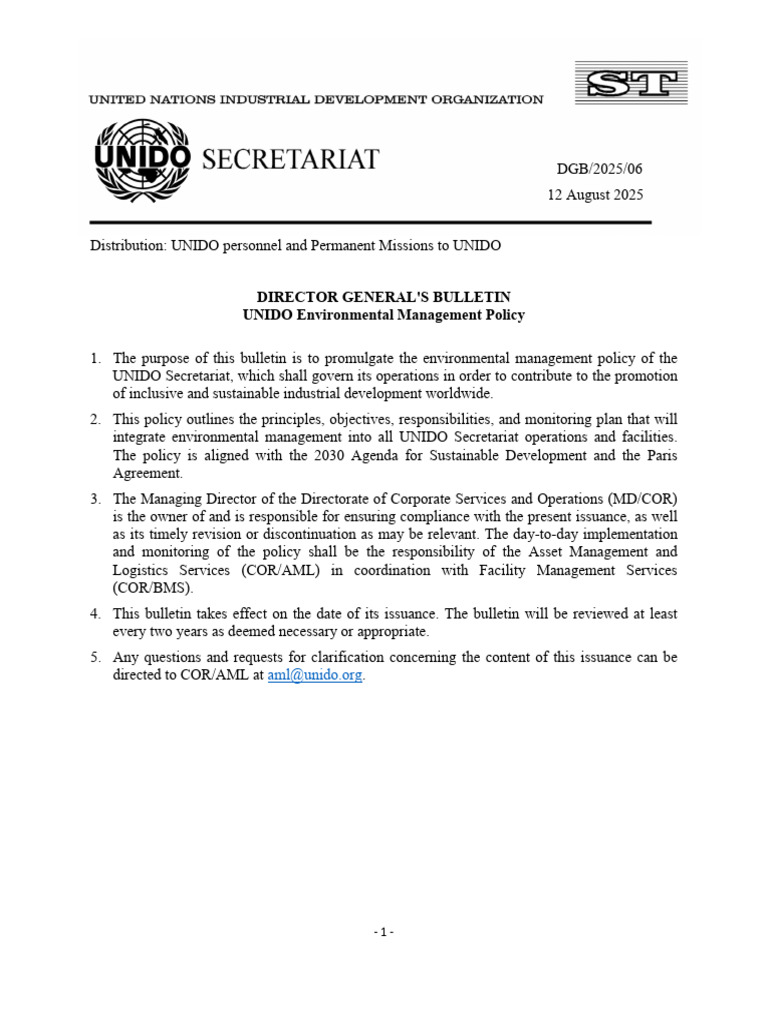 UNIDO Environmental Management Policy | PDF | Sustainability | Clean ...