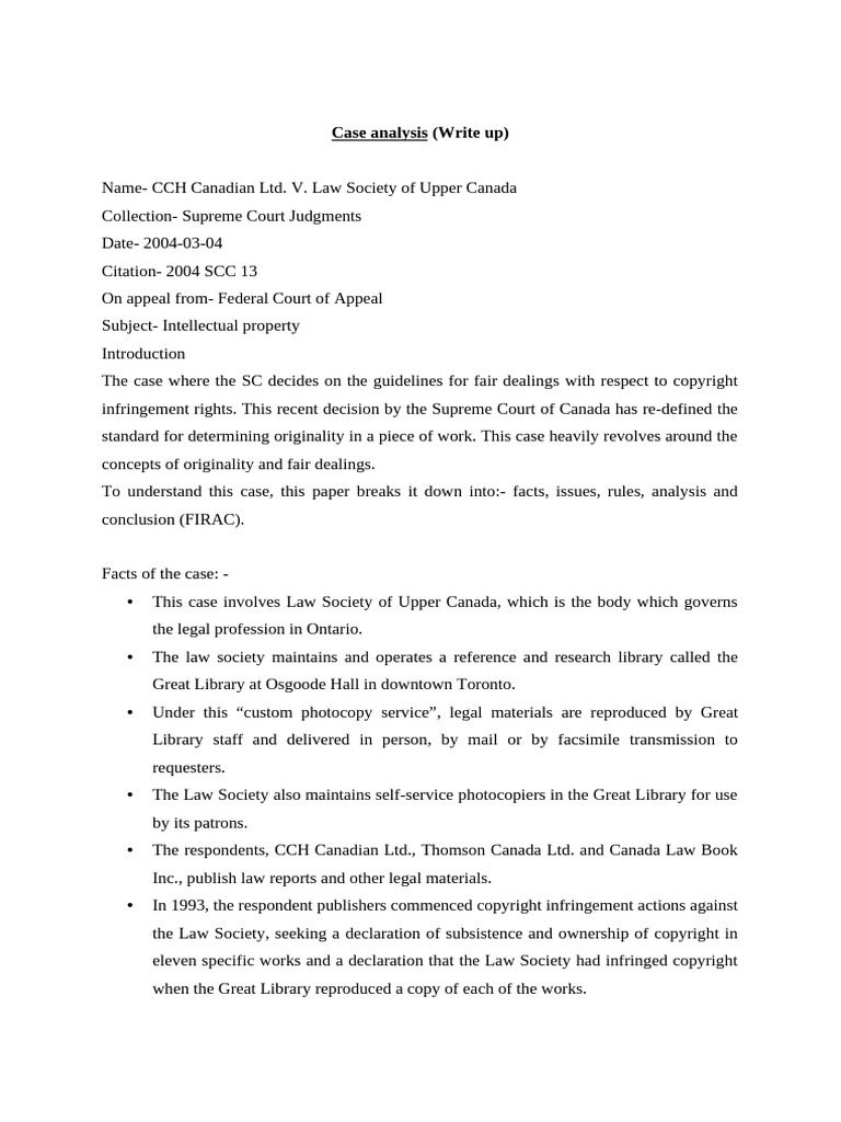 CCH Canadian Ltd. v. Law Society Analysis | PDF | Fair Dealing | Copyright