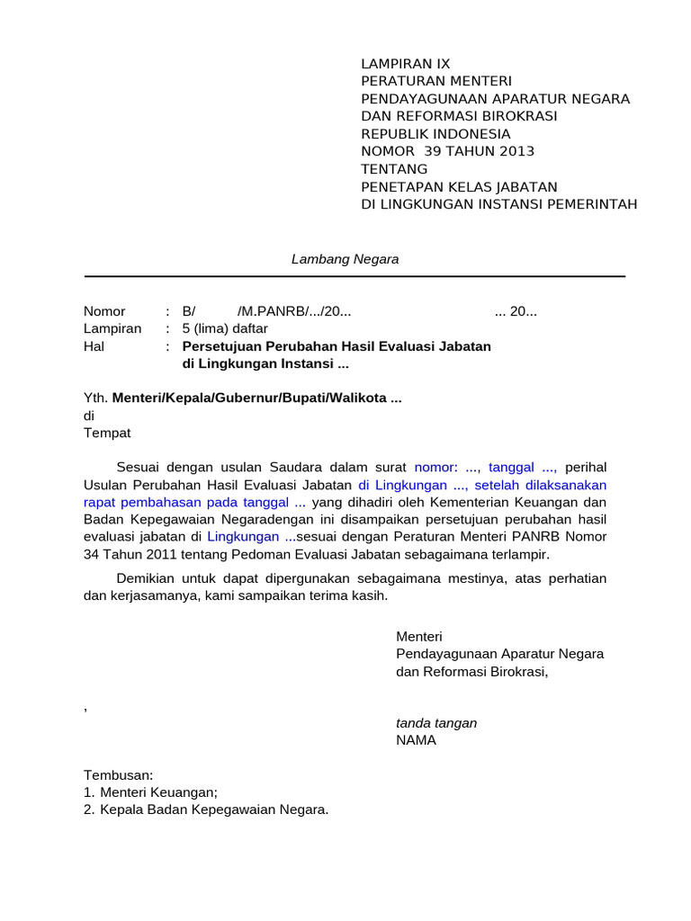 Lampiran IX Format Surat MenPANRB TTG Persetujuan Perubahan Hasil Evjab ...